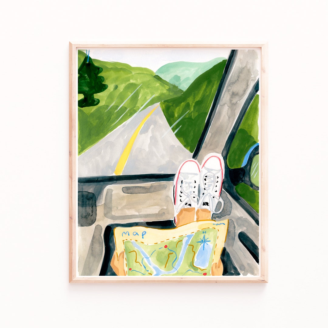 Road Trip Art Print, Summer Adventure, Map Wall Decor, Watercolor ...