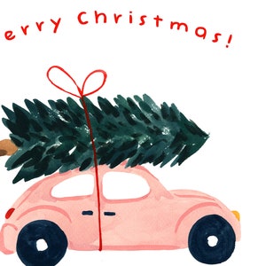 Printable Christmas Card, Tree on Pink Car, Print at Home Greeting ...