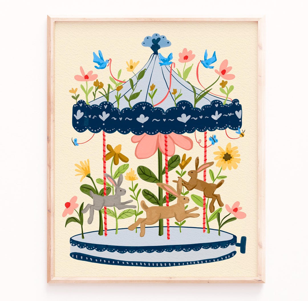 Rabbit Carousel Art Print: Whimsical Nursery Wall Decor - Etsy
