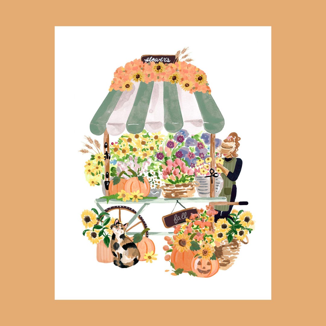 Autumn Wall Art: Fall Flower Cart Watercolor - Rustic Decor - Etsy