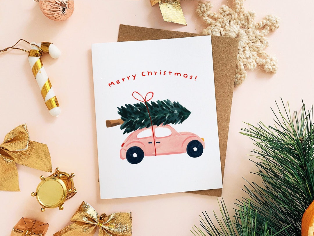 Printable Christmas Card, Tree on Pink Car, Print at Home Greeting ...