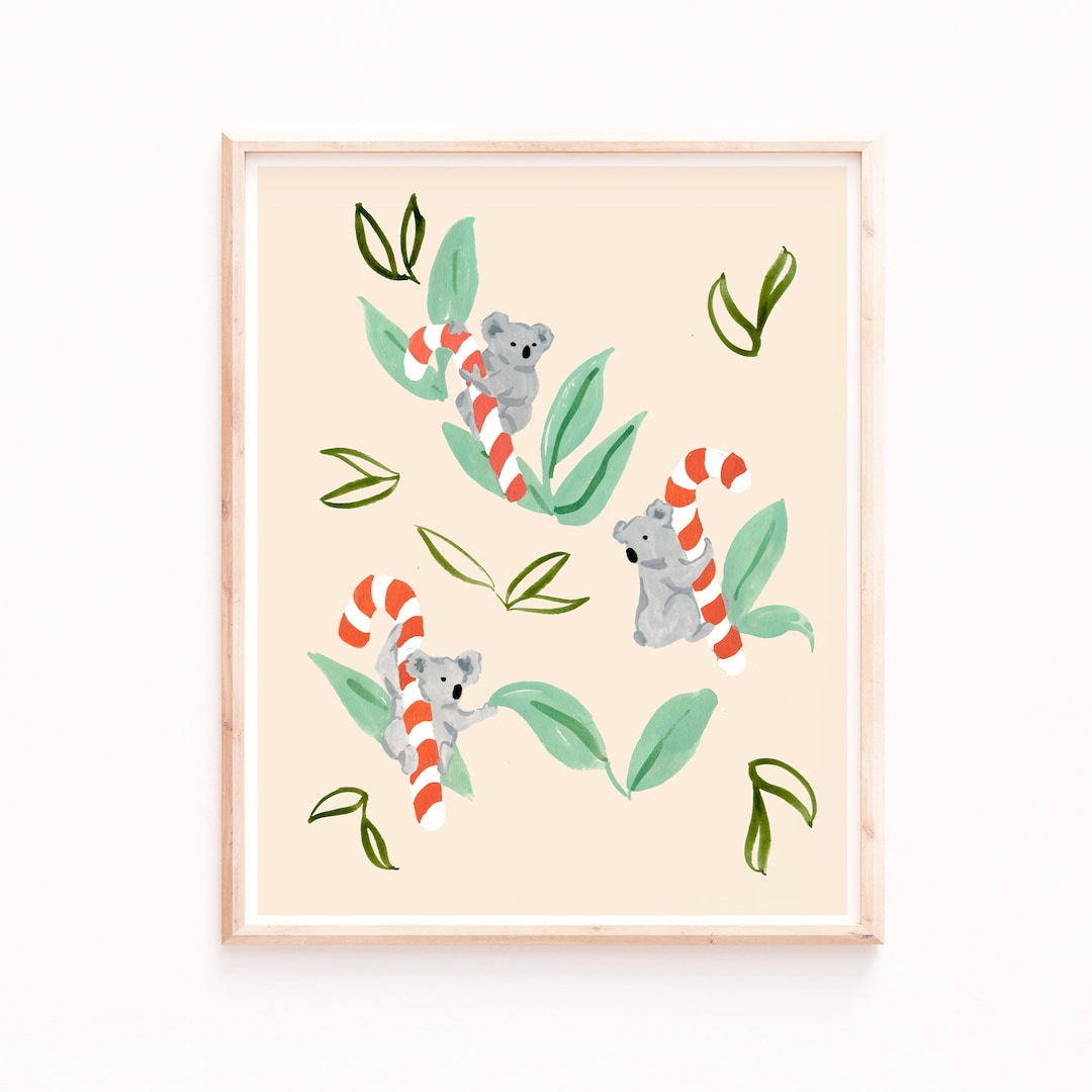 Koalas and Candy Art Print, Modern Holiday Decor, Cute Animal Prints ...