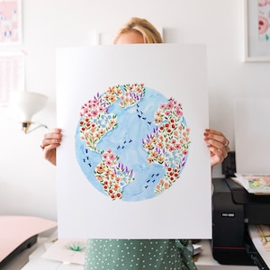 Blue Planet Art Print, Floral Wall Art, Earth Print, Botanical Wall Art ...