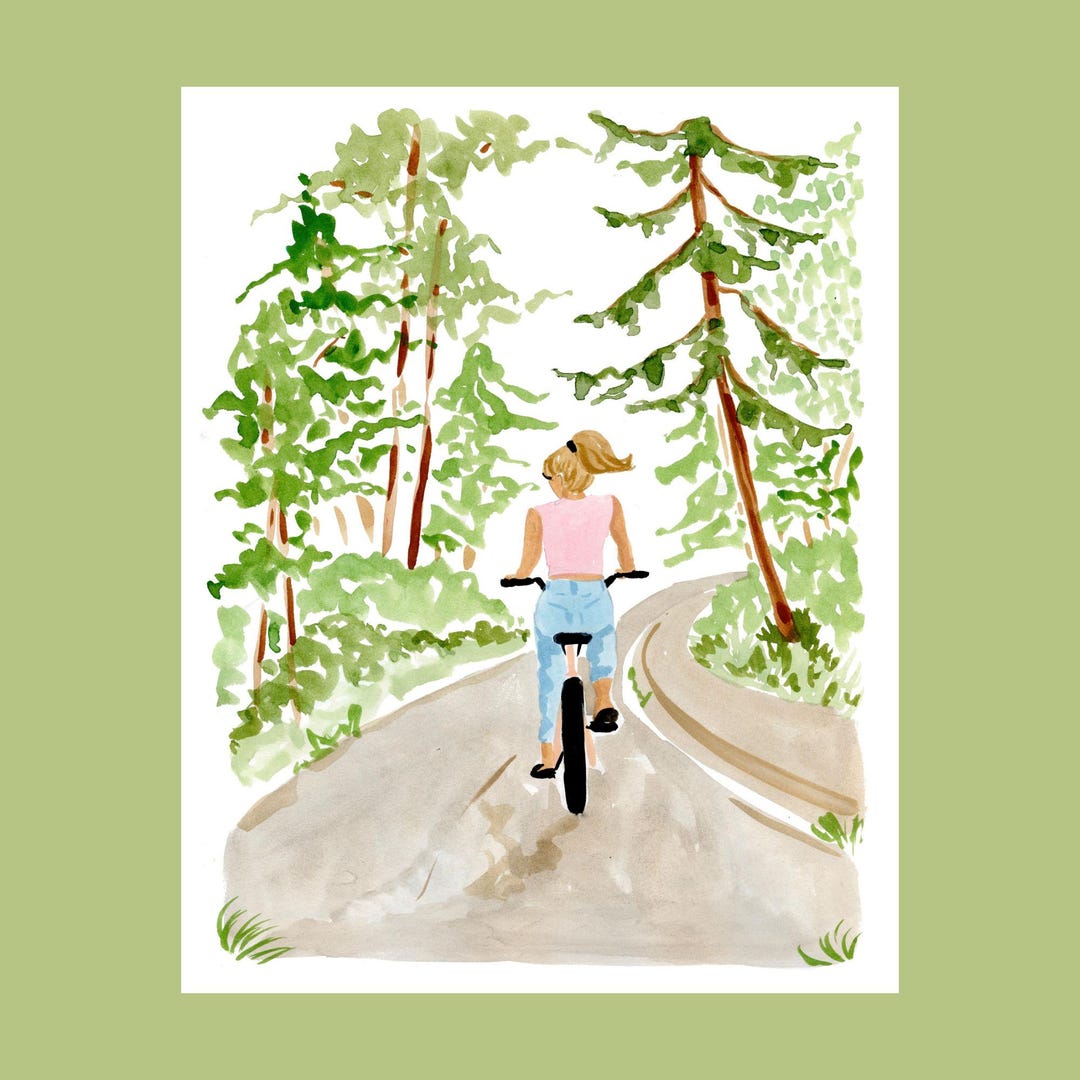 Watercolor Biking Art Print: Woman Cyclist, Pine Forest Decor - Etsy