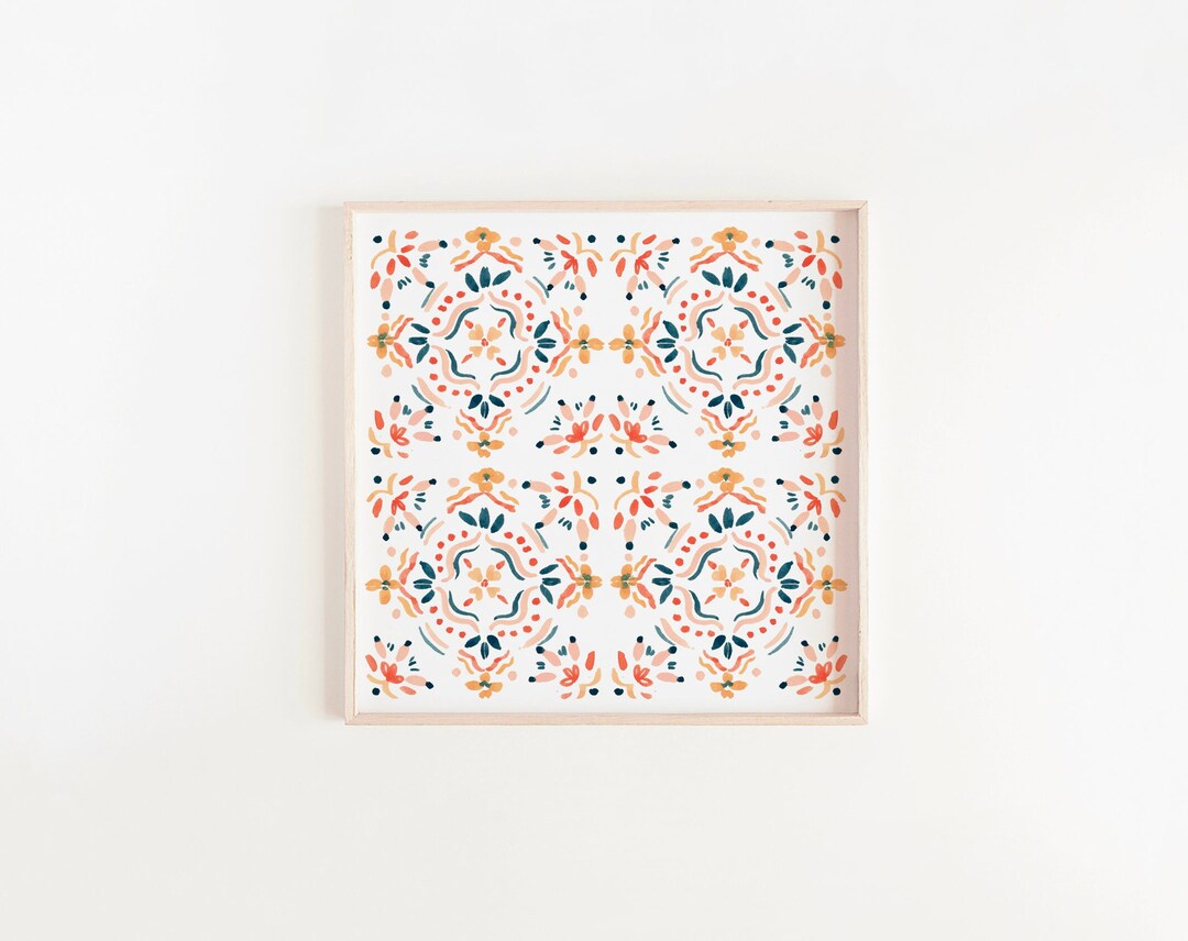 Square Tile Print, Red, Blue and Yellow Pattern Tile, Cement Tile Art ...