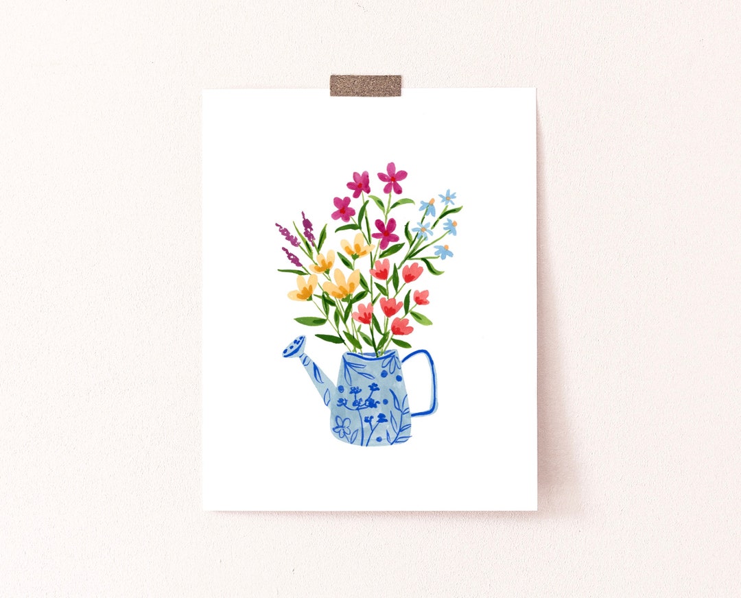 Spring Flowers Art Print, Watering Can Flower Bouquet Arrangement ...
