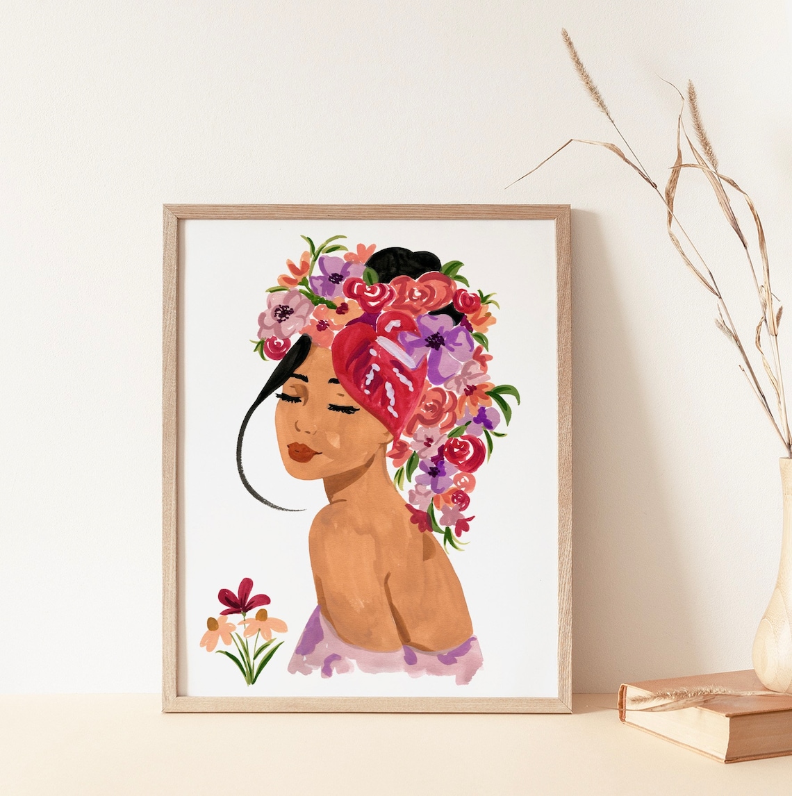 Portrait Art Print Woman with Flowers Femme Wall Art | Etsy
