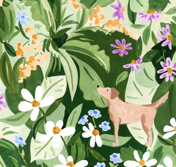 Dog and Flowers Botanical Print Hand Painted Prints Floral - Etsy