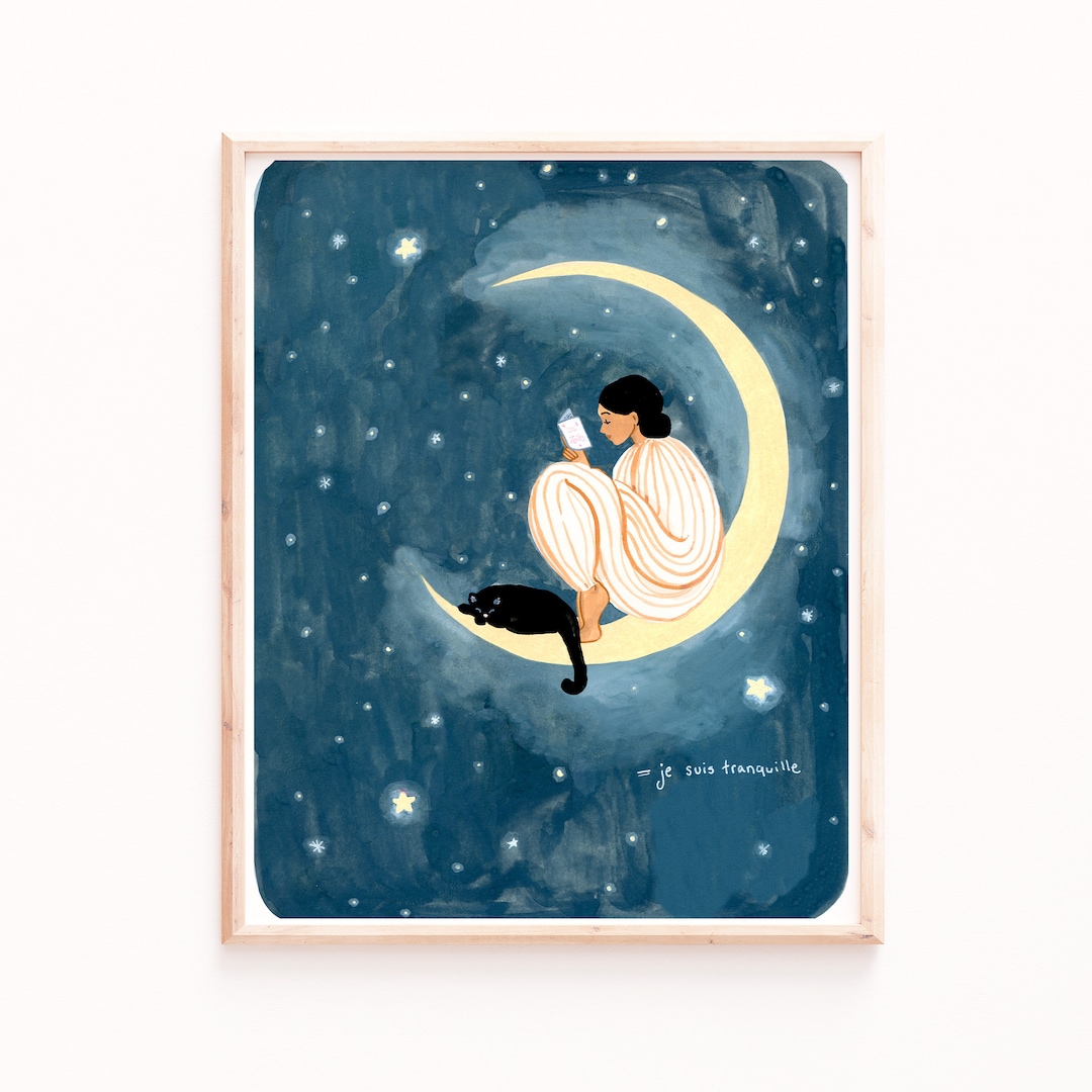 Moon Poster Print, Bedroom Art Print, Black Cat and Woman Reading on ...