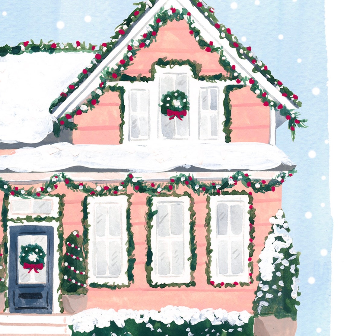 Pink Christmas House Art Print Christmas Holiday Painting | Etsy
