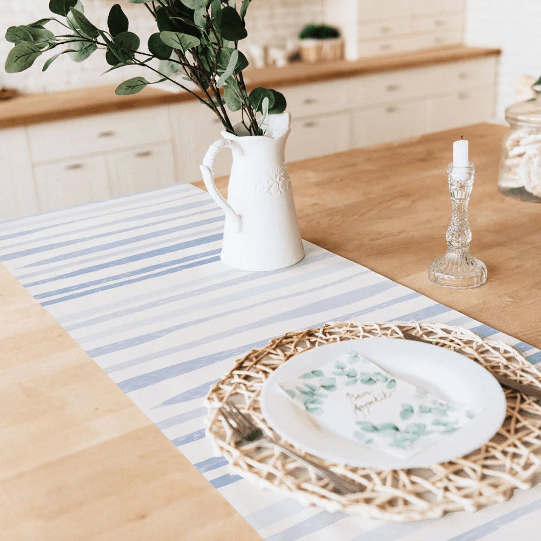 Blue Table Runner, Blue Stripe Table Runner, Dining Table Runner, Dusty ...