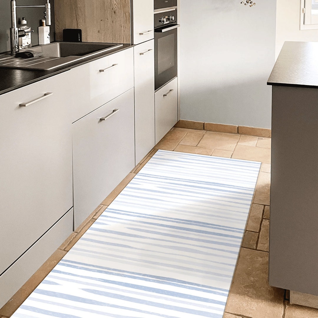 Vinyl Floor Mat, Striped Rug, Bathroom Runner, Light Blue Rug, Slip ...