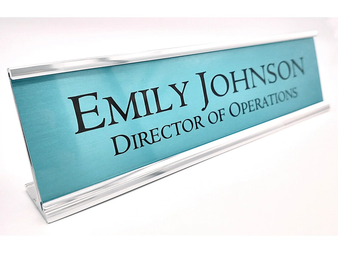 Desk Name Plate, Gloss Brushed Metallic Steel Blue Look Desk Name Plate ...