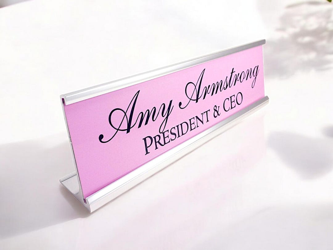 Personalized Desk Name Plate Gloss Pink With Silver Aluminum Holder 2 X ...