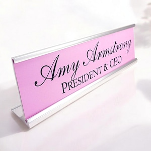 Personalized Desk Name Plate Gloss Pink With Silver Aluminum Holder 2 X ...