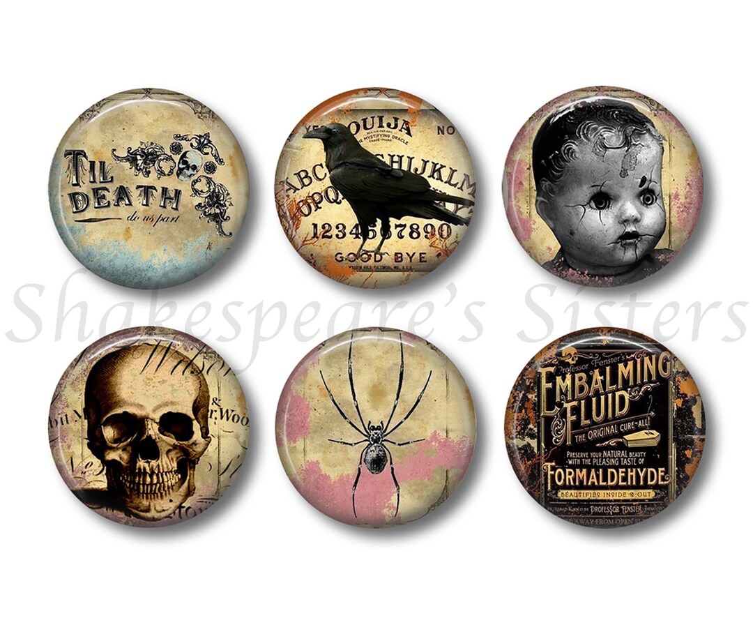 Gothic Spooky Magnets 1.5 Inch Round 6 Piece Magnet Set Halloween, Crow ...