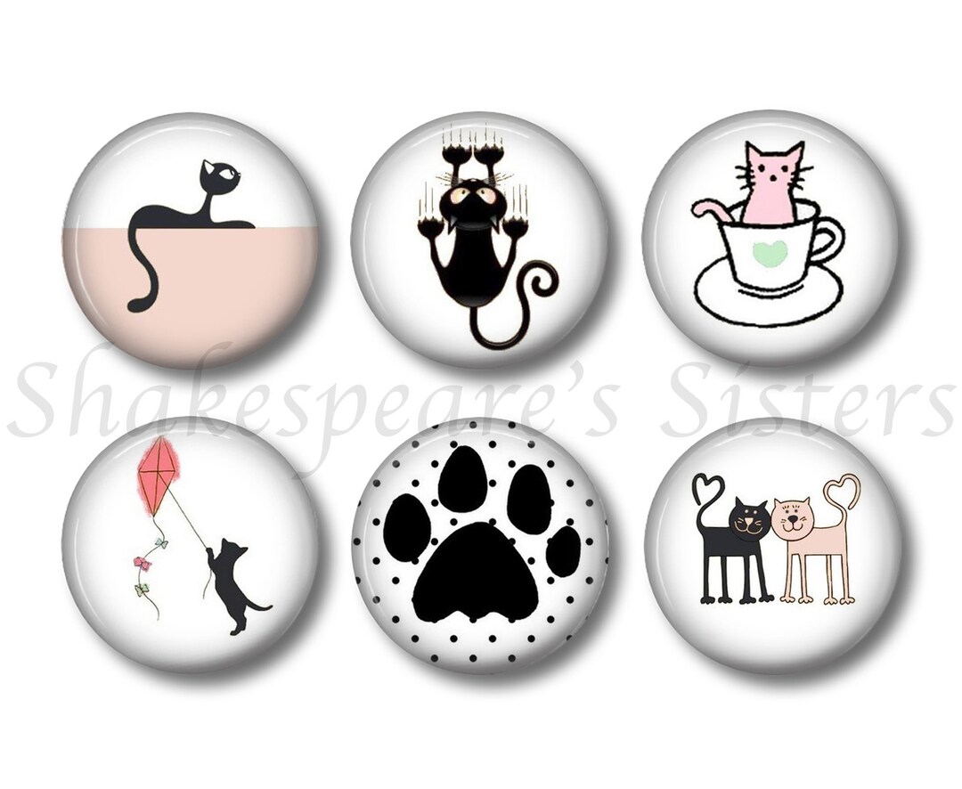 Cute Cat Magnet Set Six Round 1.5 Inch Magnets Crazy Cat Lady , Animal ...