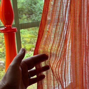 2 Vintage Net Curtains in Orange, Yellow Textured Woven Fabric, Sheer ...