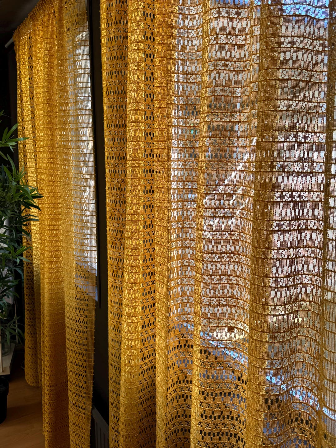 Vintage Yellow Sheer Textured Curtains, Danish Modern Retro Drapes ...