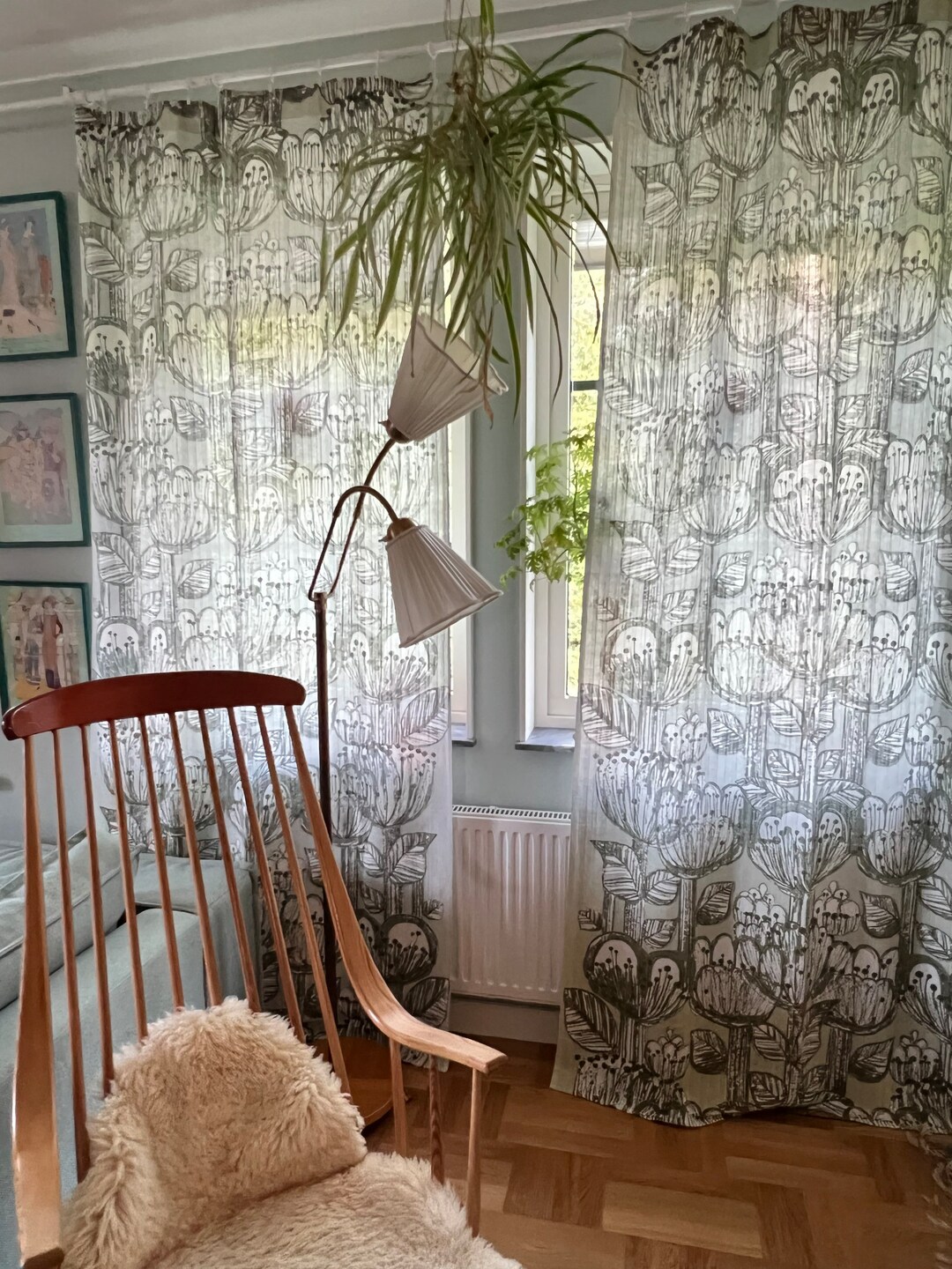 2 Scandinavian Vintage Curtains, Green Gray Abstract Fabric, Rare Sheer ...