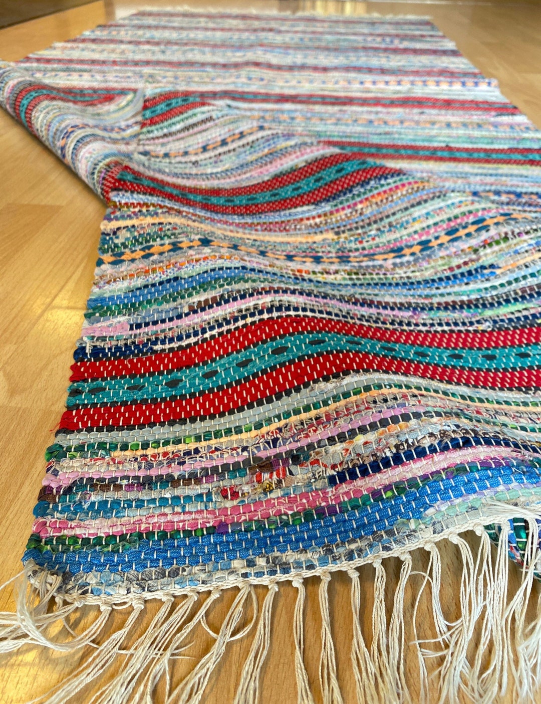 1970s Scandinavian Rag Rug Runner, Multicolor Traditional Swedish Folk ...