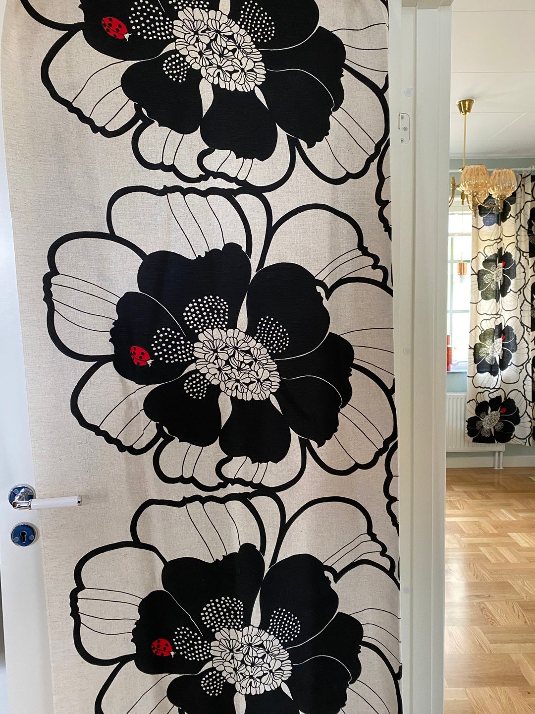Scandinavian Retro Curtains Fabric With Black Flowers and Ladybug ...