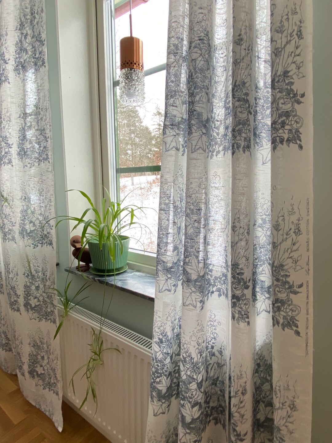 2 Scandinavian Curtains of 60s Sheer Fabric Stylized Flowers, Design ...