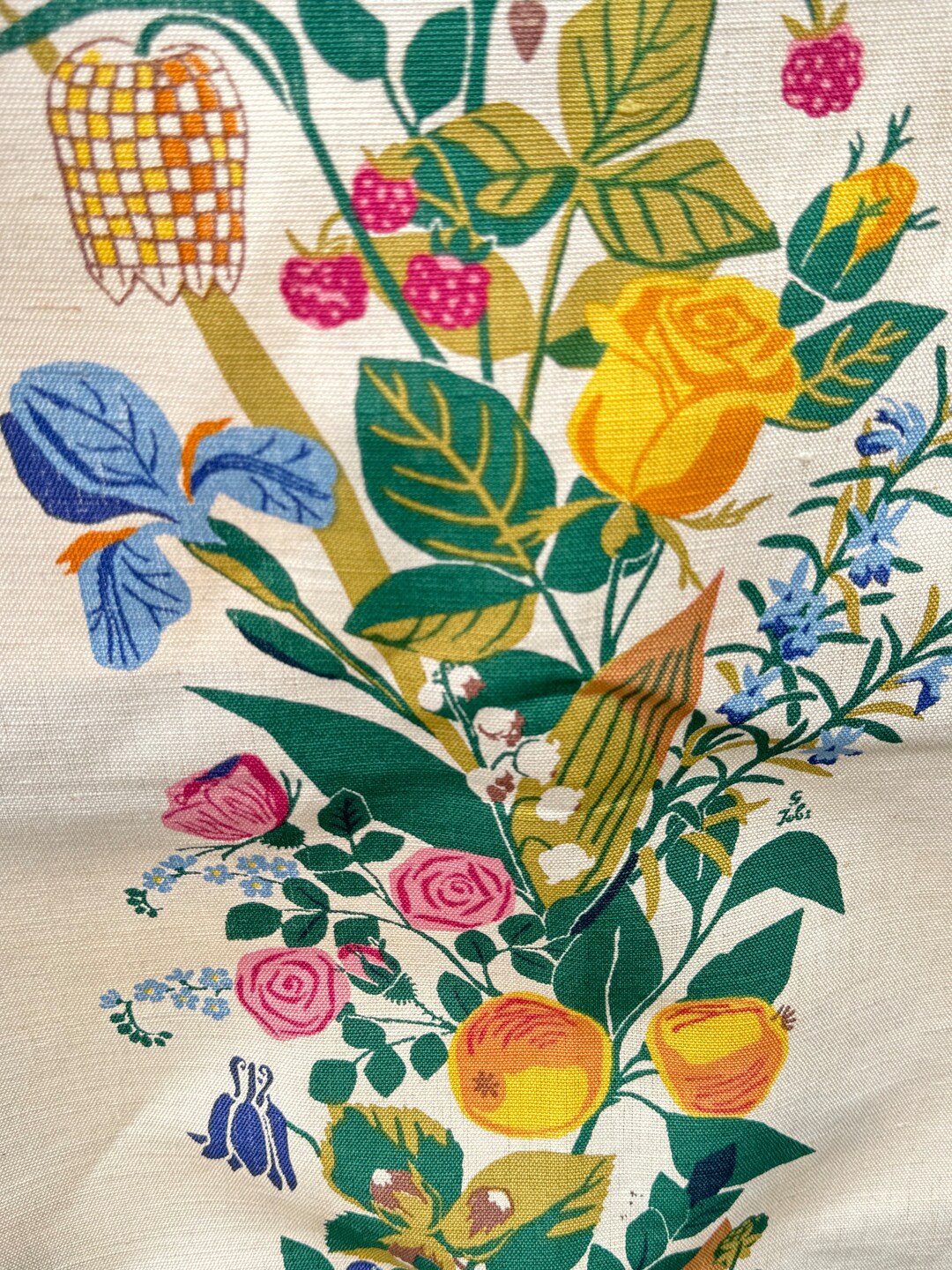 Swedish linen tapestry with roses Rosmarin, Hand printed by Lisbet ...