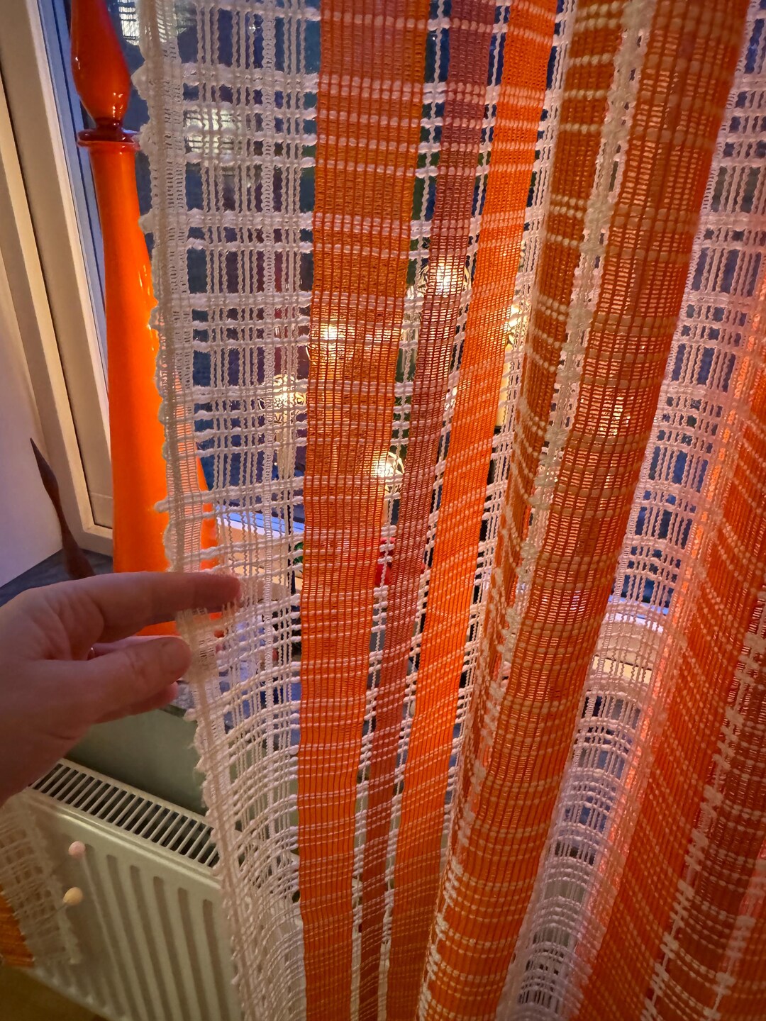 Vintage Sheer Curtains, Orange White Geometric Pattern, Danish Modern ...