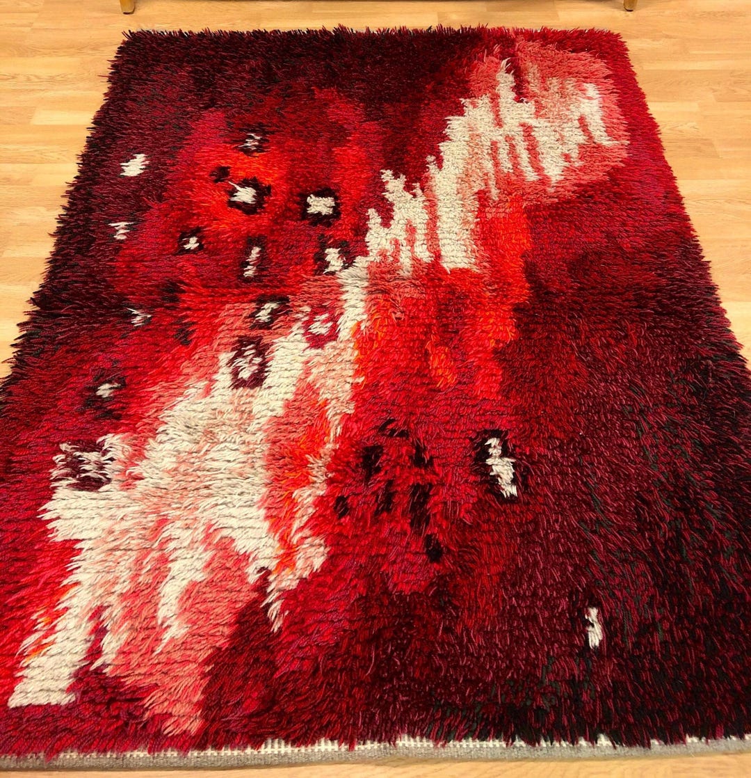 Vintage Swedish Rya Rug: 1960s Scandinavian Wool, Red Abstract Design ...