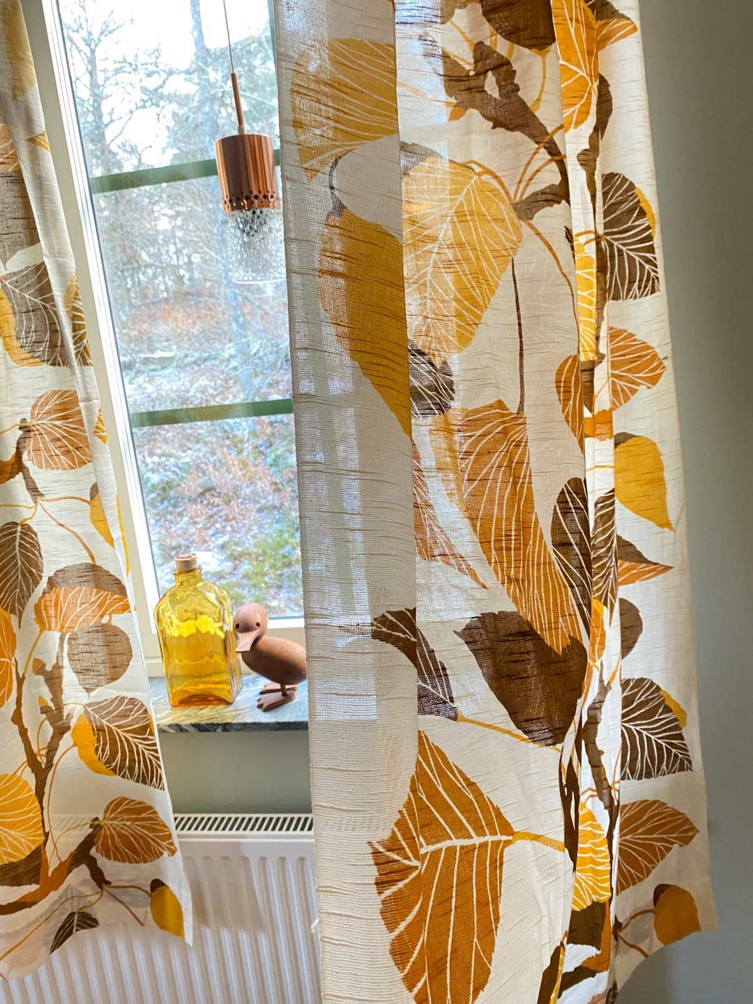 Vintage Scandinavian Leaf Curtains: 1960s Yellow Brown Floral Drapes ...