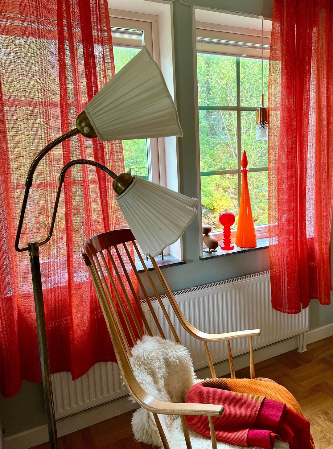 Sheer Curtains of Scandinavian Orange Fabric, 70s Textured Curtains ...