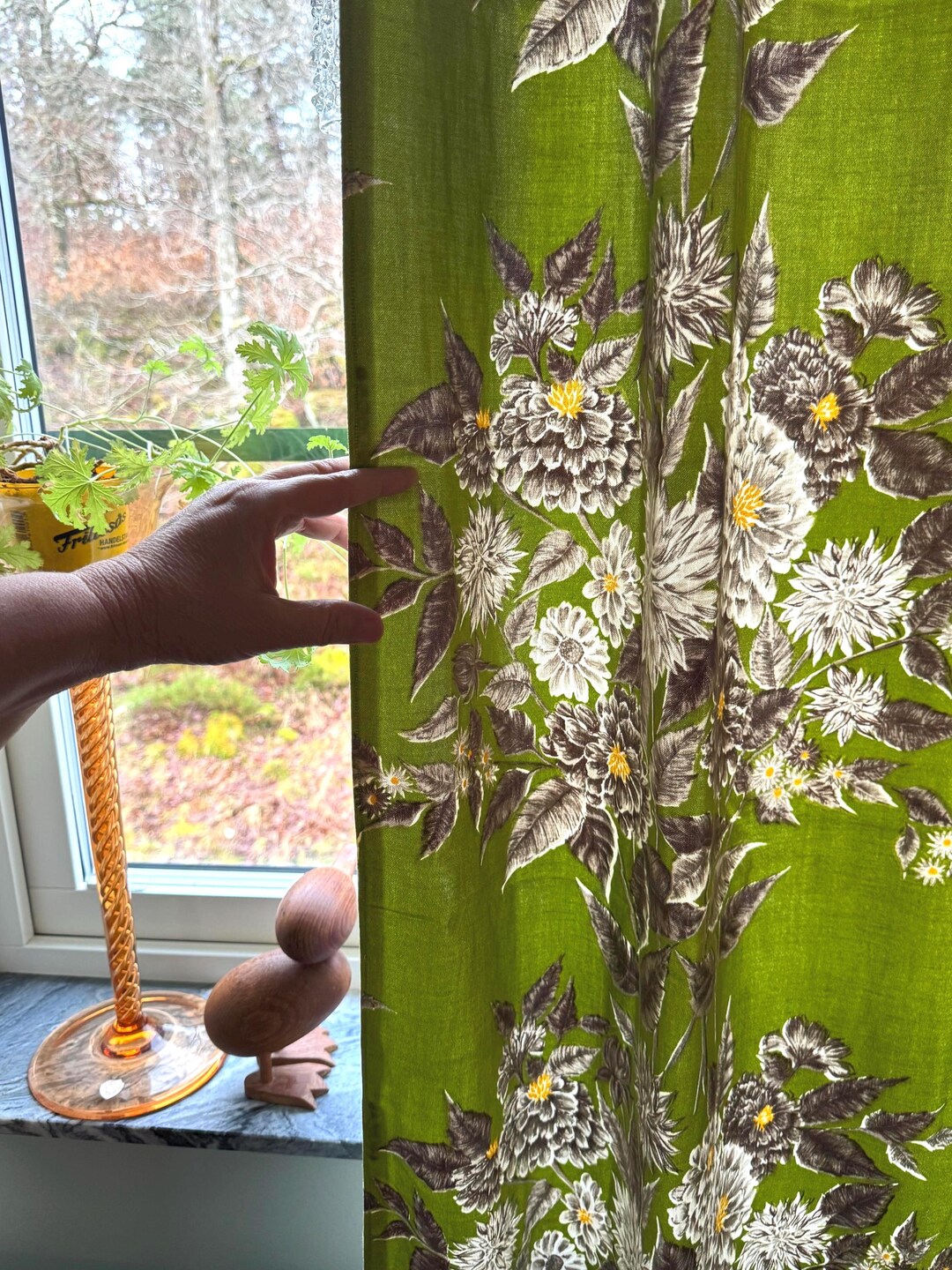 Vintage Swedish Floral Curtains: 70s Green Silky Fabric, Mid-century ...