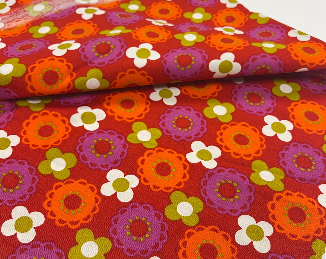 Scandinavian Fabric From the 1970s, Orange Red Retro Fabric, Floral ...