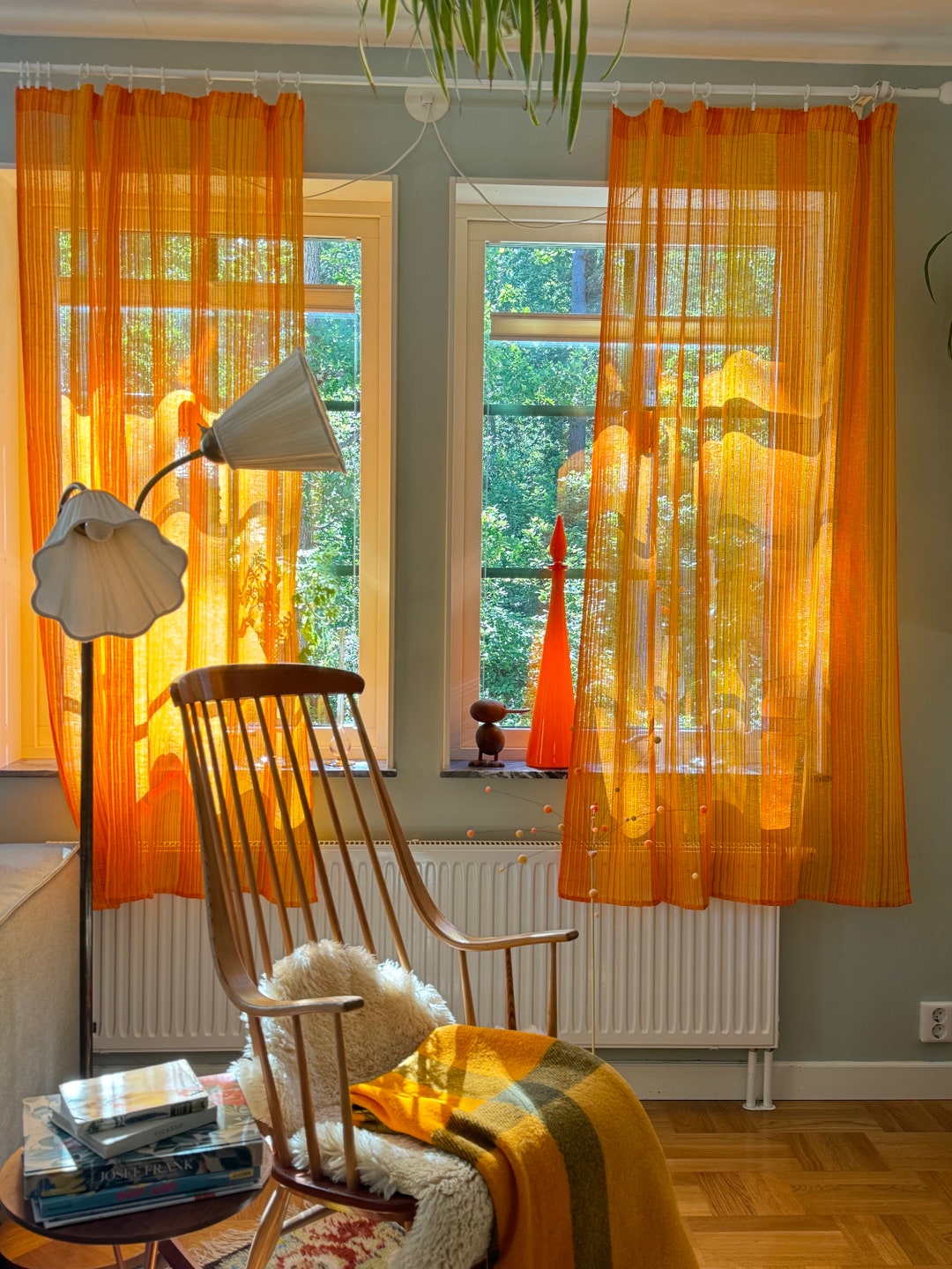 Vintage Curtains in Yellow Orange Textured Geometric Fabric, Retro ...