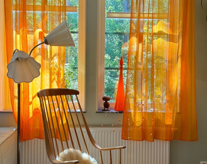 Vintage Curtains in Yellow Orange Textured Geometric Fabric, Retro ...