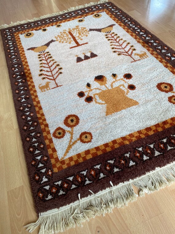 Mid Century Rya Teppich in braun, Geometrisches Design handgeknüpfter ...