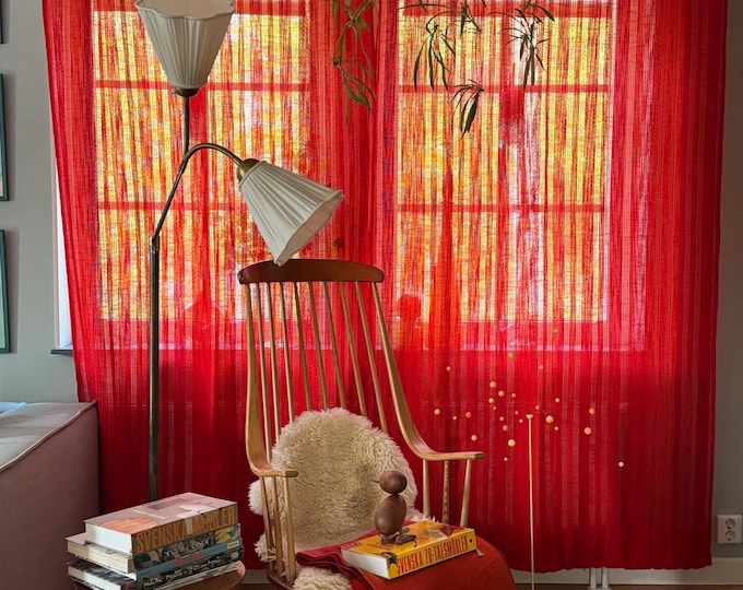 Scandinavian Vintage Long Red Curtains; Orange Red Woven Textured ...