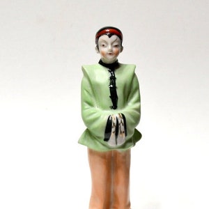 Vintage Asian Man Figurine Standing Folded Hands Green Jacket Long ...