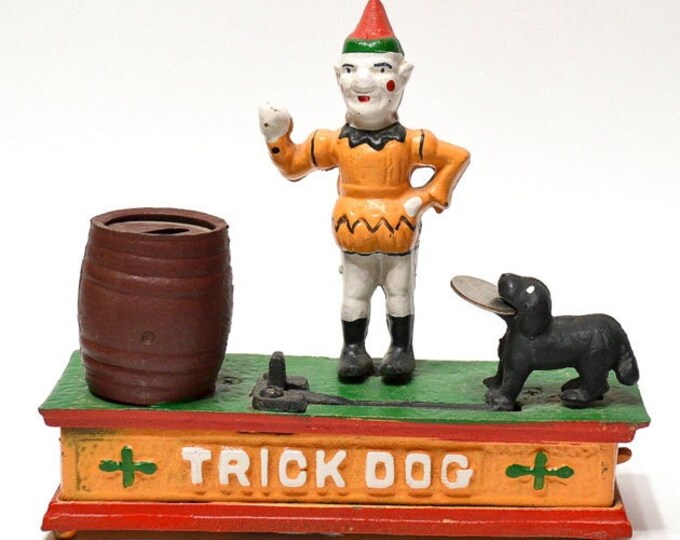 Vintage TRICK DOG Mechanical Bank Cast Iron Replica Circus Clown Barrel ...