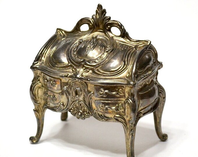 Vintage Ornate Jewelry Box Silver Tone Metal Red Velvet Lining Jewelry ...