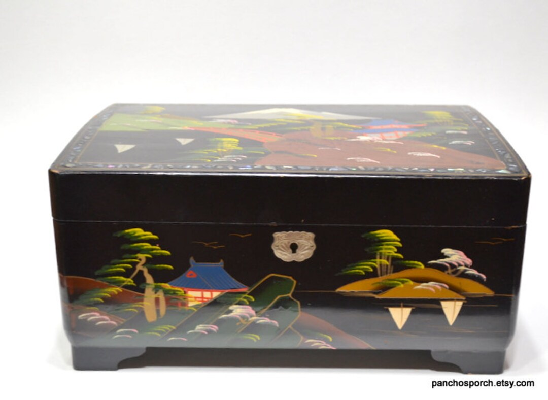 Vintage Japanese Lacquer Jewelry Box Asian Hand Painted Hinged Box Non ...