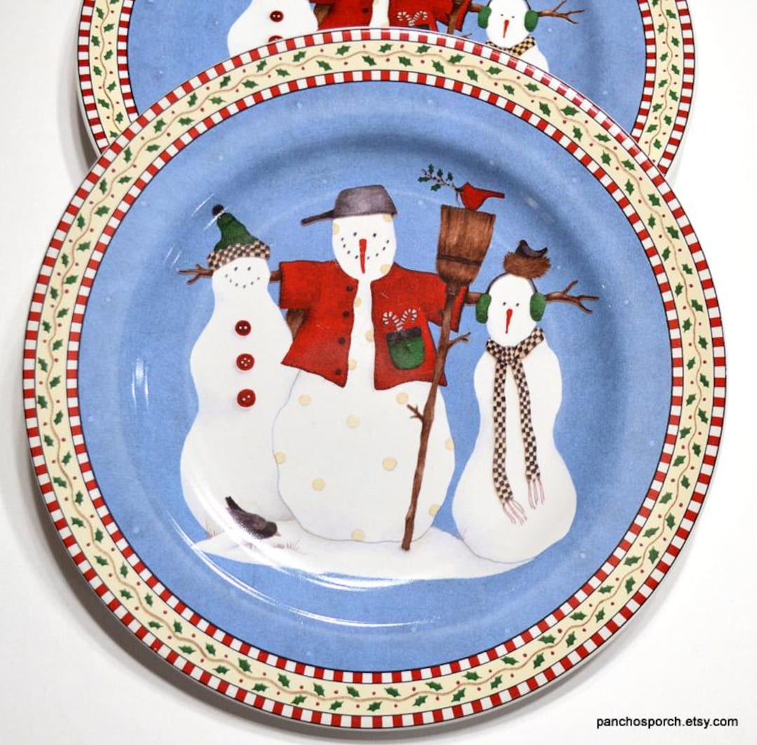 Vintage Debbie Mumm SNOWMAN Salad Plate Set of 2 Winter Snow Snowmen ...