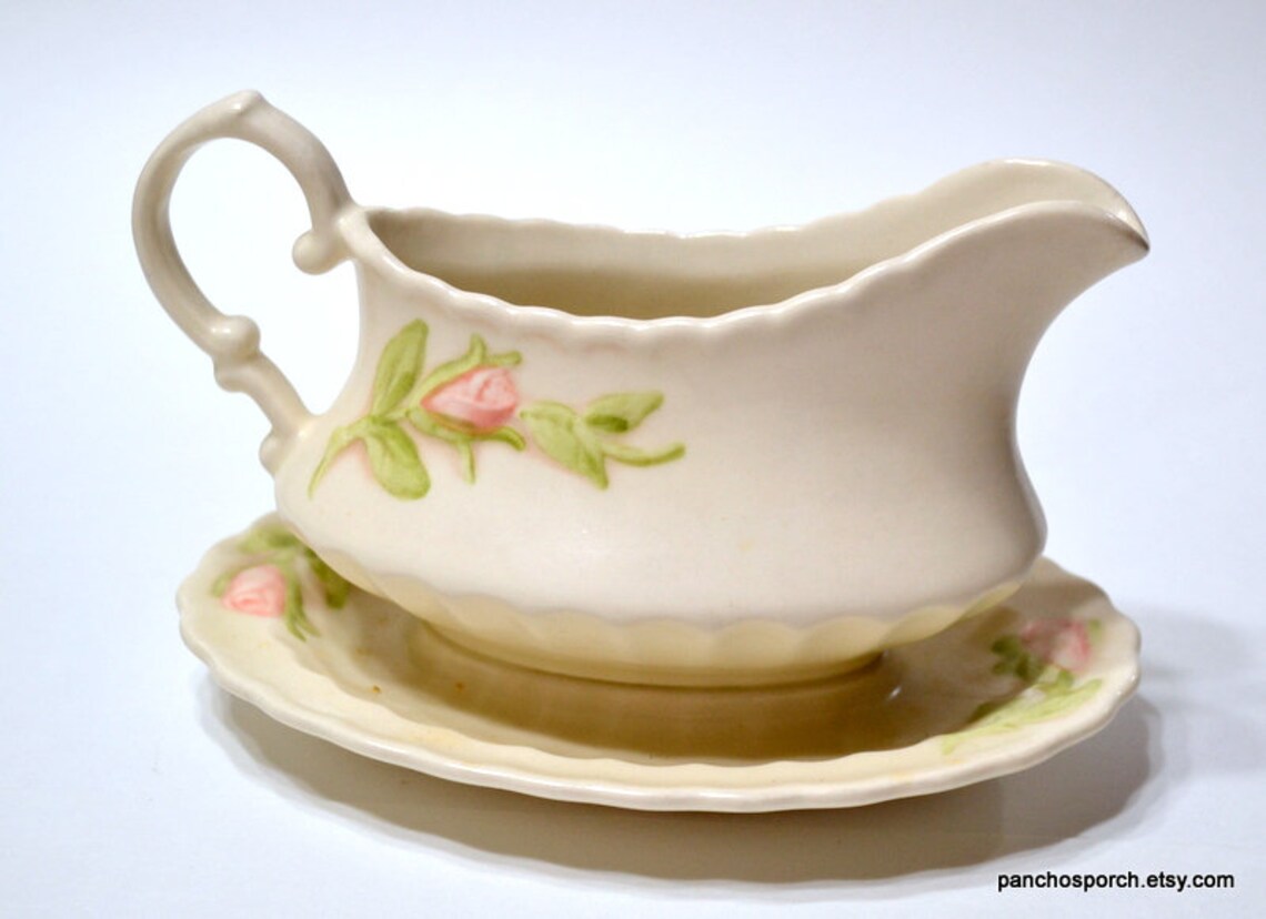 Vintage Metlox Vernon Gravy Boat With Underplate: Rose Pink Floral ...