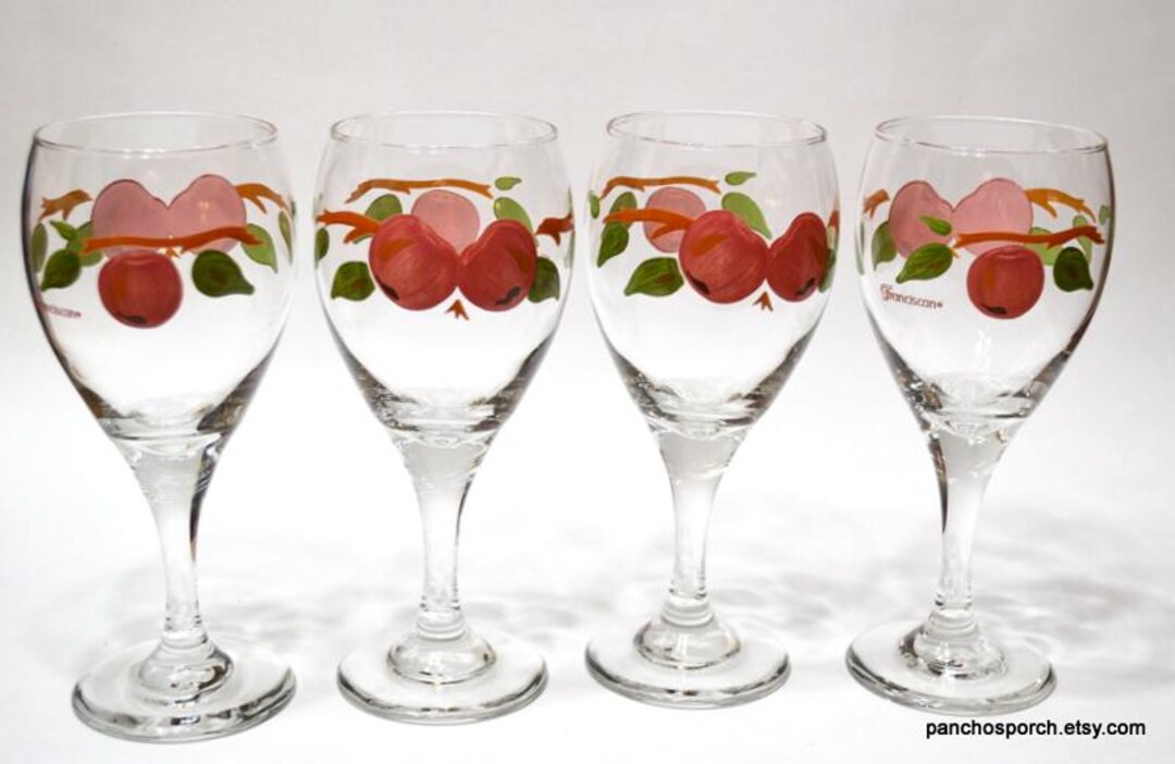 Vintage Franciscan APPLE Wine Glass Set of 4 Water Goblet Fruit Theme ...