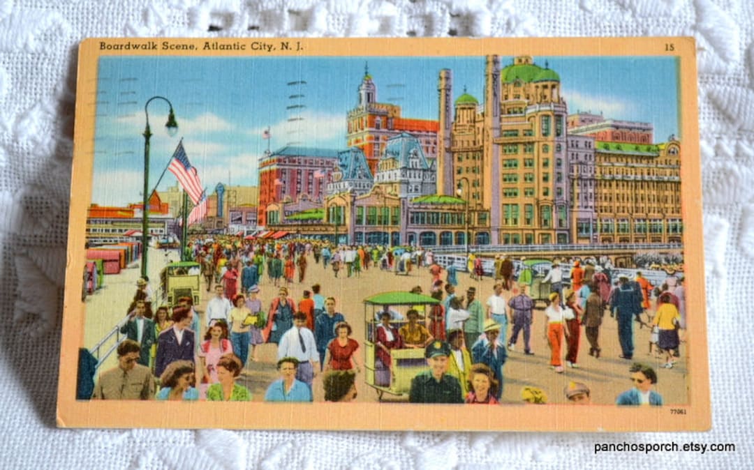 Vintage ATLANTIC CITY Post Card New Jersey Boardwalk Scene Hotels 1950s ...
