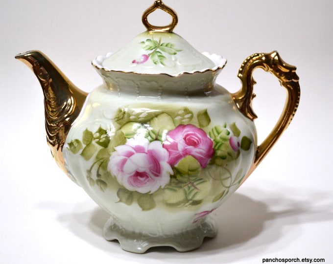 Vintage Lefton Heritage Green Teapot Pink Roses Floral Collectible 5 ...