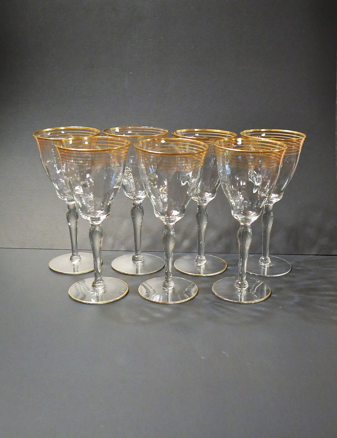 Vintage Clear Optic Wine Glass Set of 7 Multiple Gold Bands Elegant ...