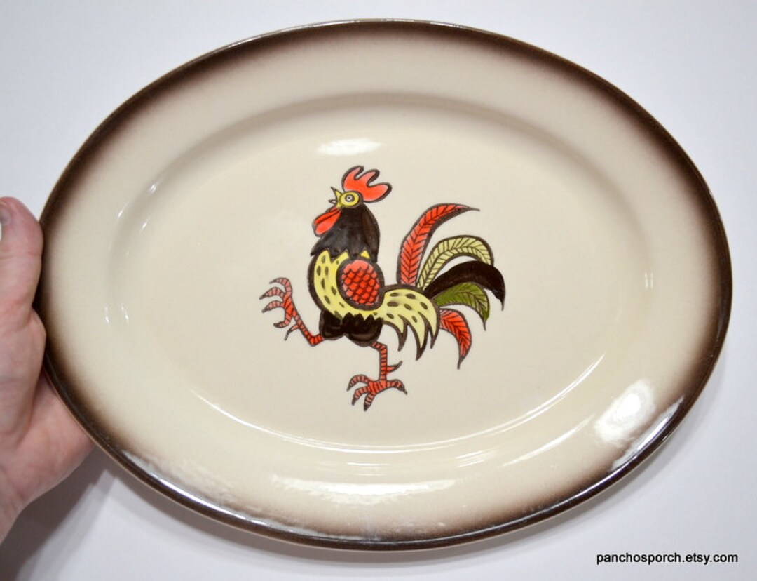 Vintage RED ROOSTER Oval Platter 13 Inch Colorful Retro Dinnerware ...