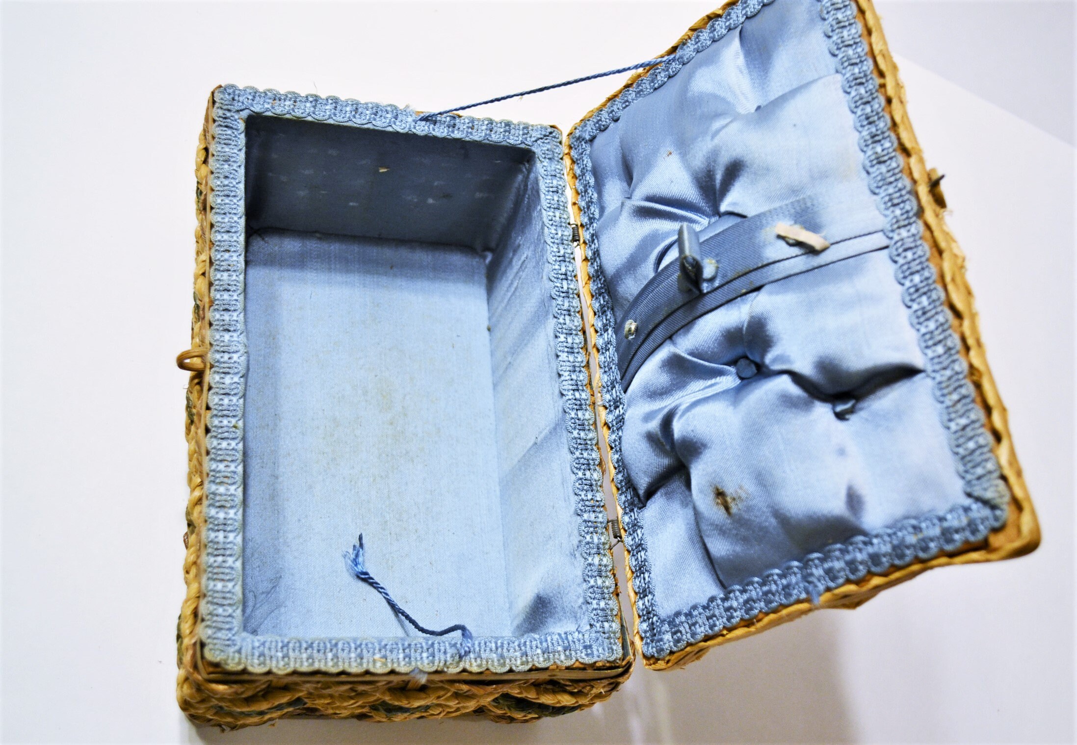 Vintage Woven Sewing Box With Hinged Lid Blue Satin Lining - Etsy
